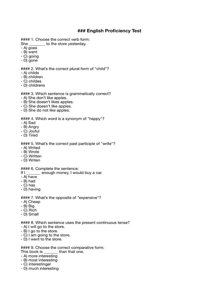 English Proficiency Test Questions | PDF | Verb | Language Mechanics