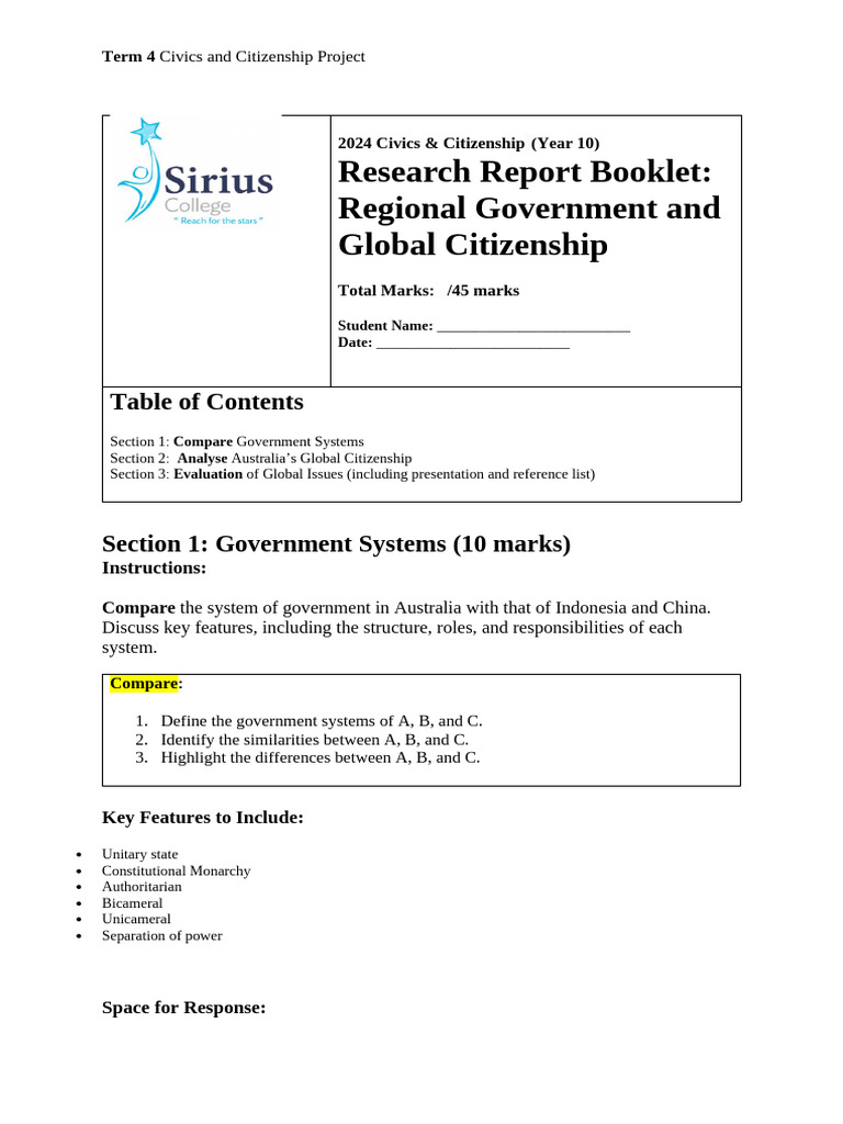 Civics Year 9 - Term 4 Task 2 Research Report Booklet | PDF | Heads Of ...
