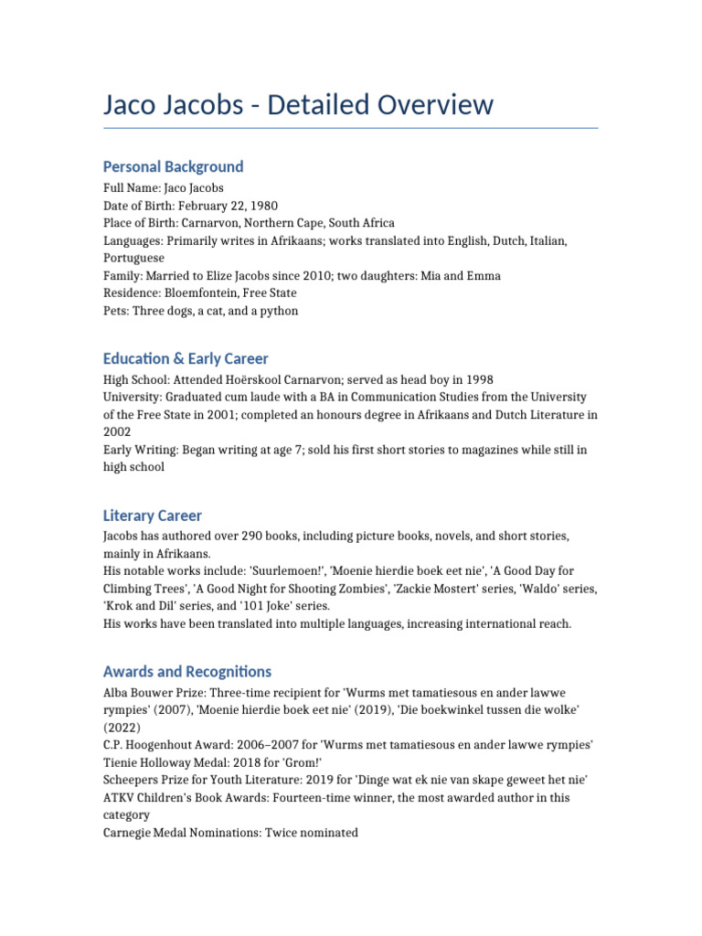 Jaco Jacobs Detailed Overview | PDF