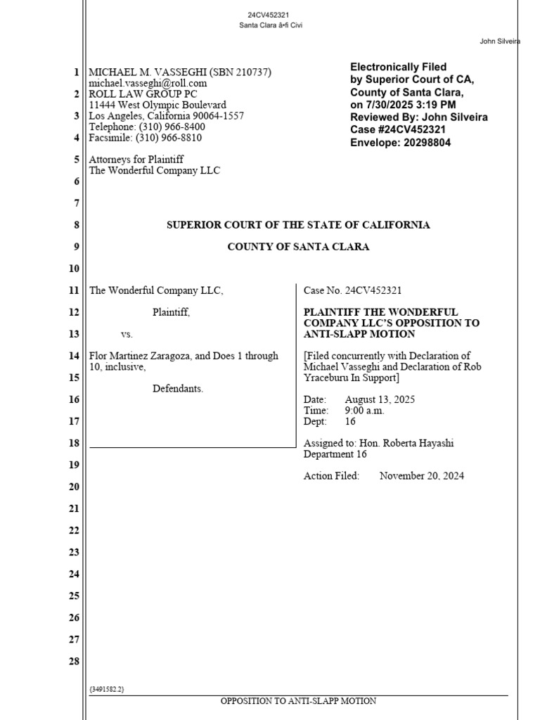 Plaintiff The Wonderful Company's Opposition To Anti-Slapp Motion ...