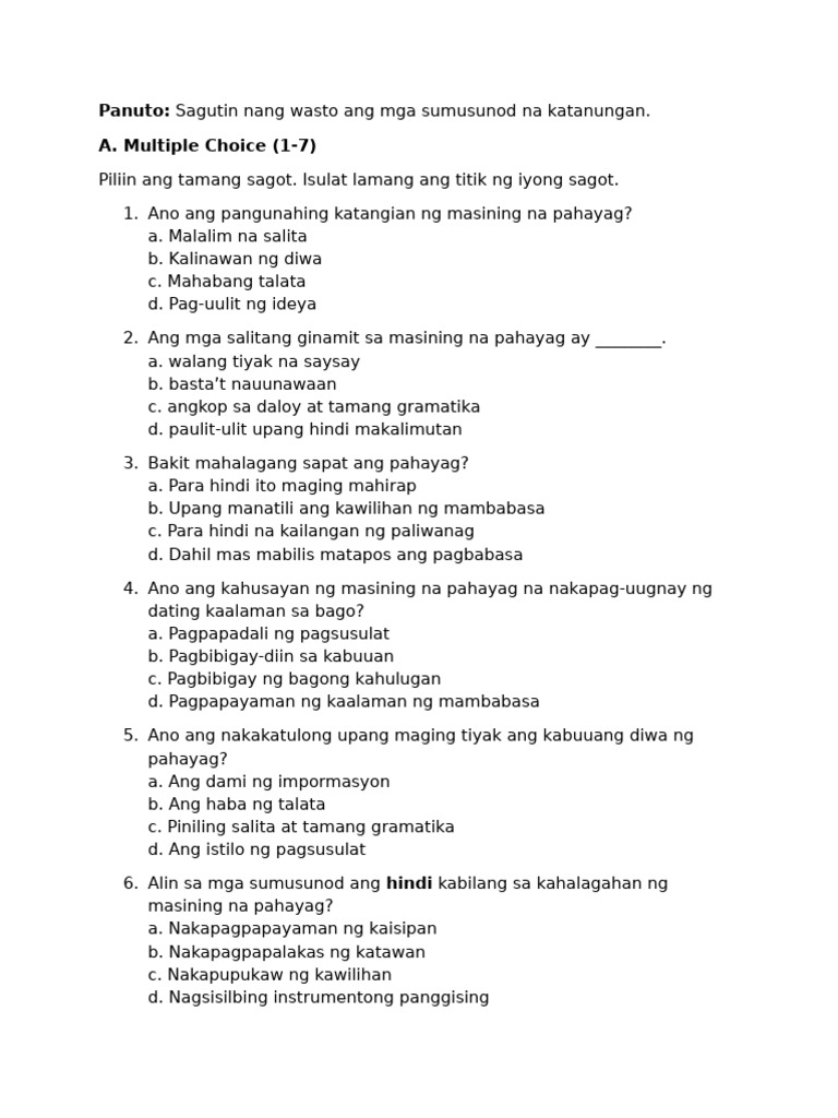 Pagsusulit Sa Filipino | PDF