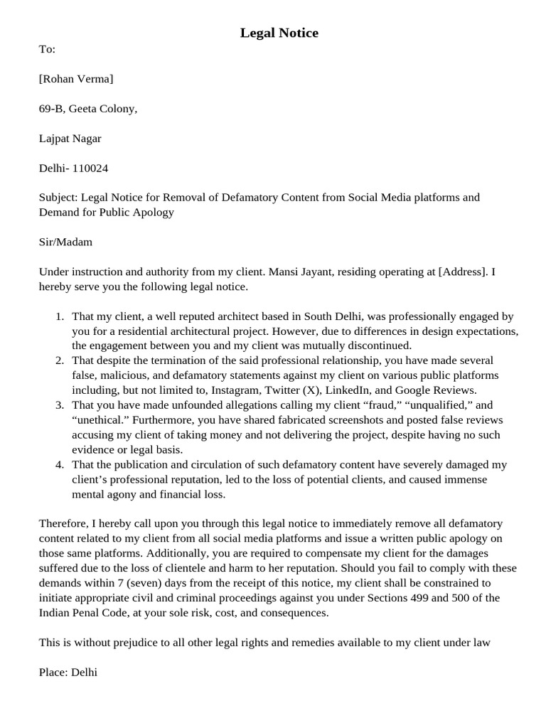 Defamation Notice for Social Media Claims | PDF