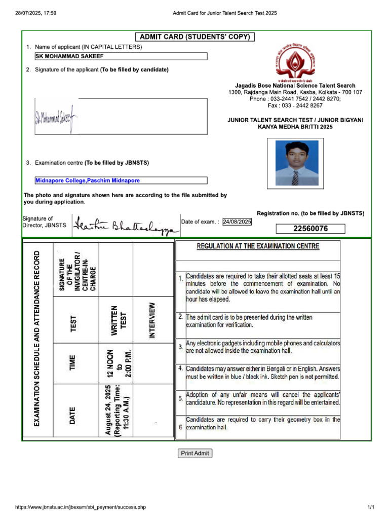 Jbnsts Admit 2025 | PDF
