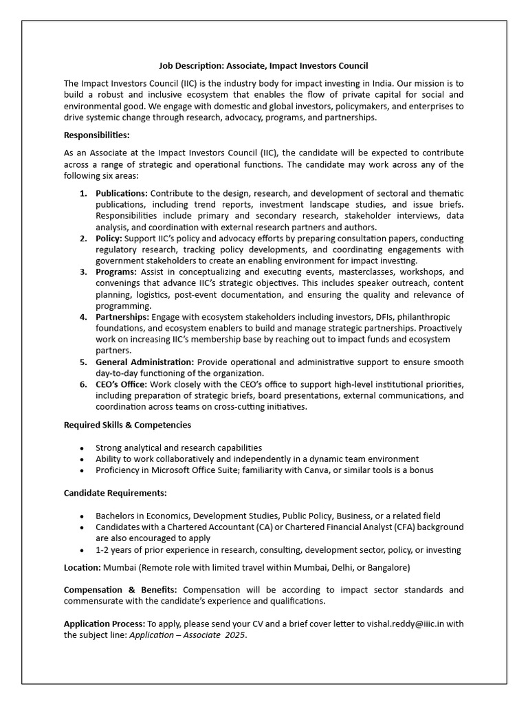 Associate Role at Impact Investors Council | PDF | Economies | Business