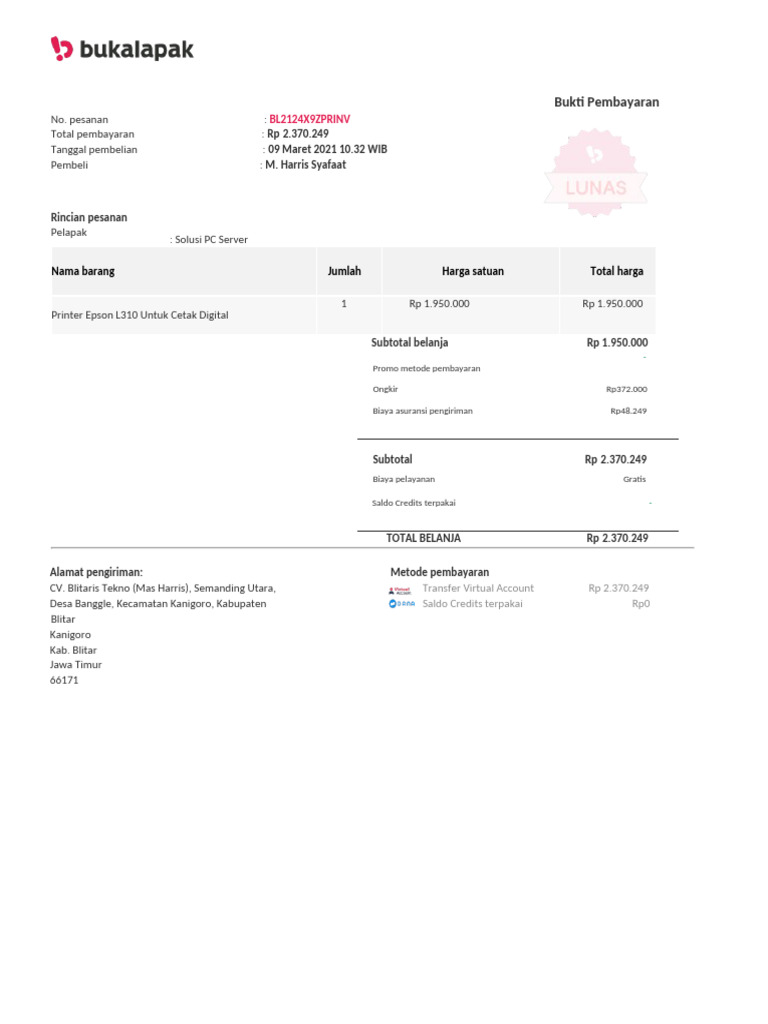 Nota Pembelian Printer Epson L310 | PDF