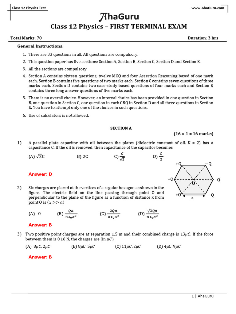 ModelExam Class 12 Physics Descriptive Exam I Q+Solu 2025 | PDF ...