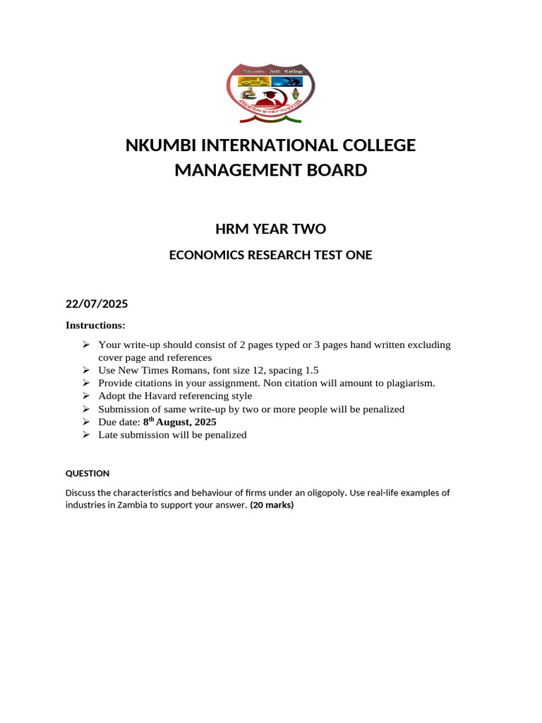 Economics Research Test One Marking Key HRM Y2 | PDF | Oligopoly | Pricing