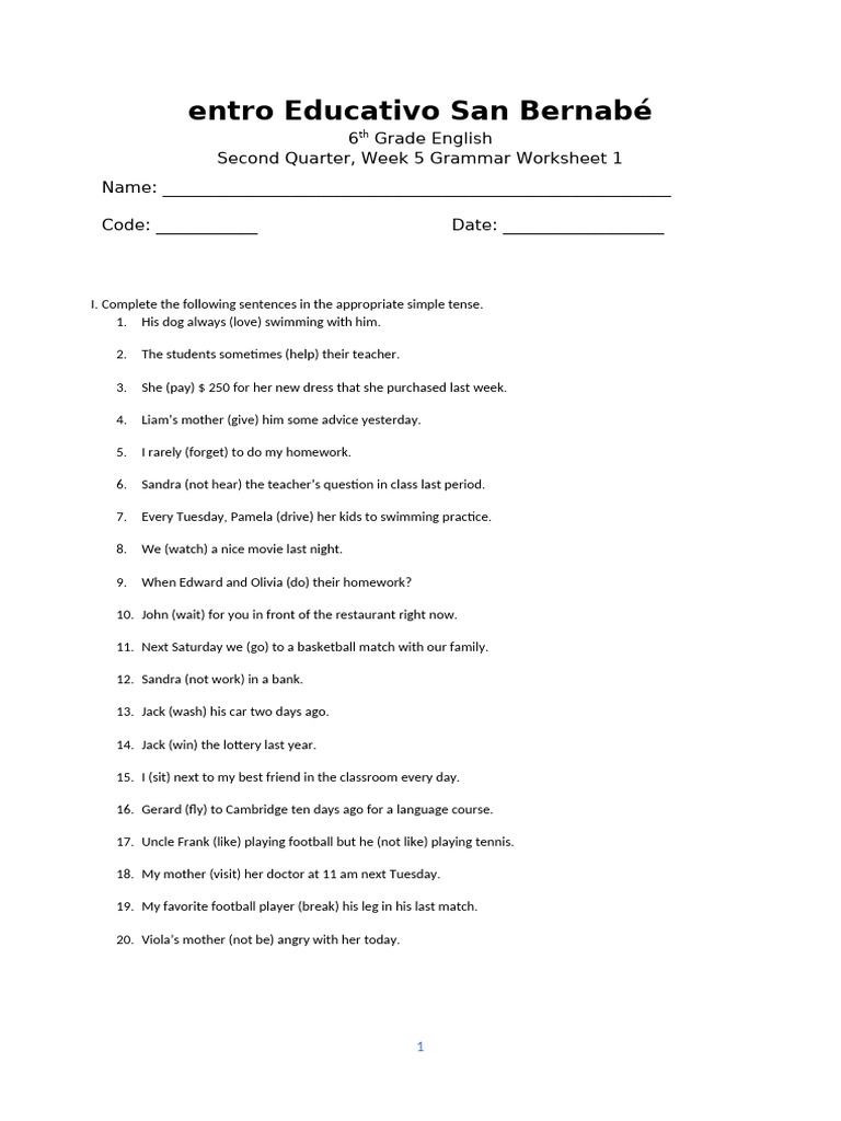 6th Grade English Grammar Worksheet | PDF