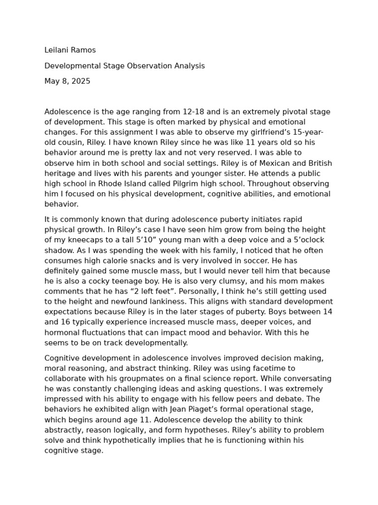 Developmental Stage Observation Analysis | PDF | Adolescence | Cognition