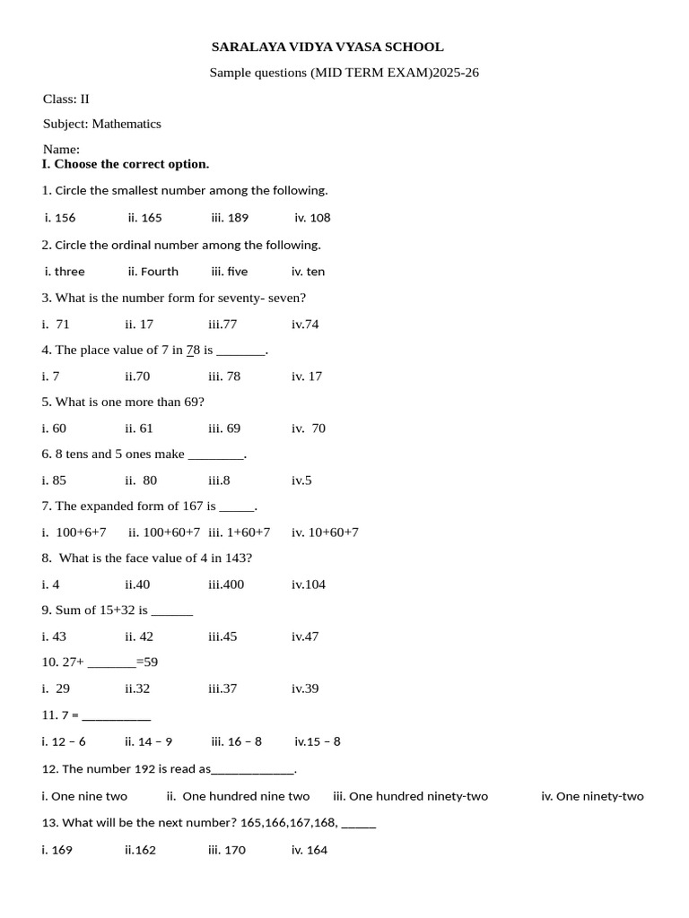 Class II Math Mid Term Exam Questions | PDF | Mathematics