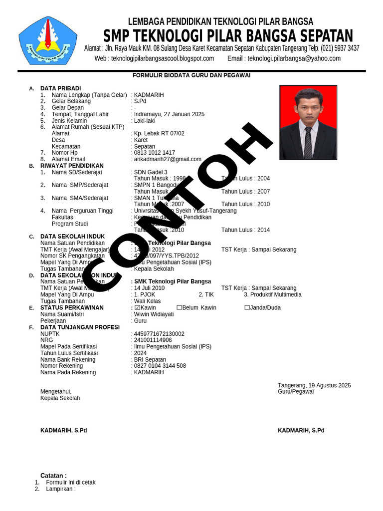 Formulir Biodata Guru Dan Pegawai | PDF