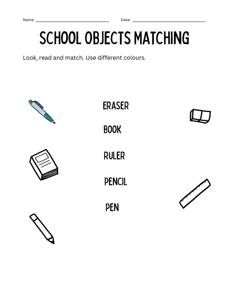School Objects Matching Printable Worksheet in Black and White Simple ...