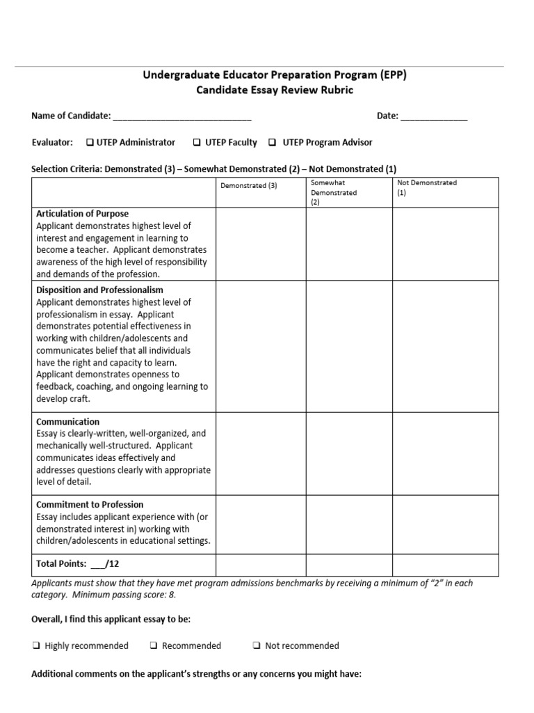 EPP Candidate Essay Review Rubric | PDF | Teachers | Essays