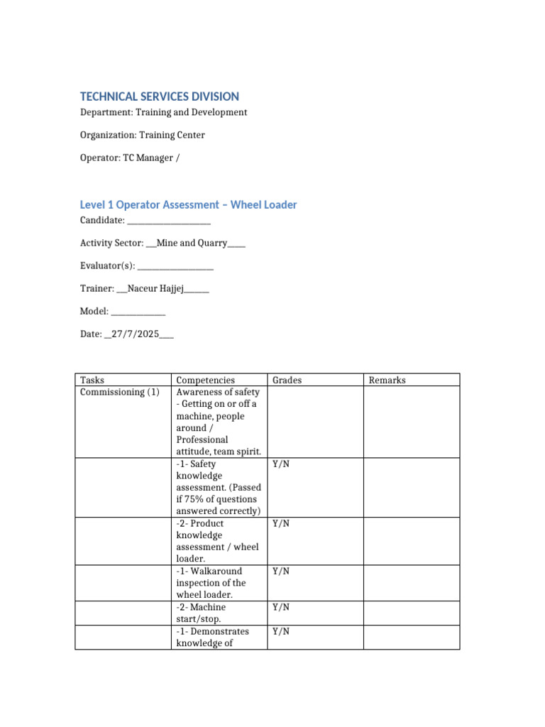 Wheel Loader Operator Assessment Form | PDF