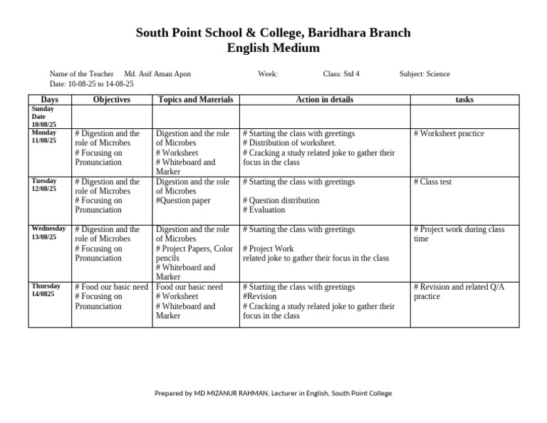 Lesson Plan For Science STD 4 | PDF