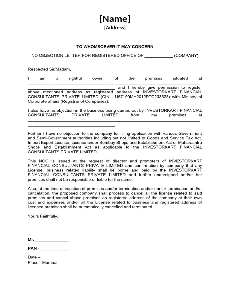 Draft Format_NOC regd address_with declaration (1) | PDF