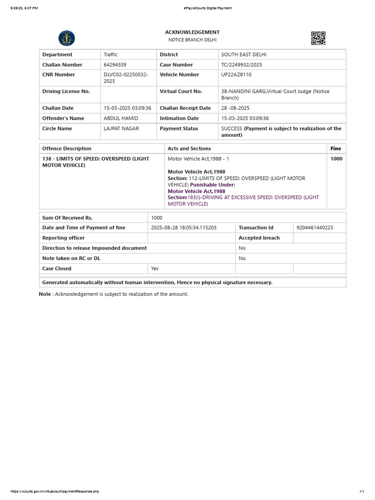 Delhi Traffic Challan Acknowledgement | PDF | Land Transport | Road ...