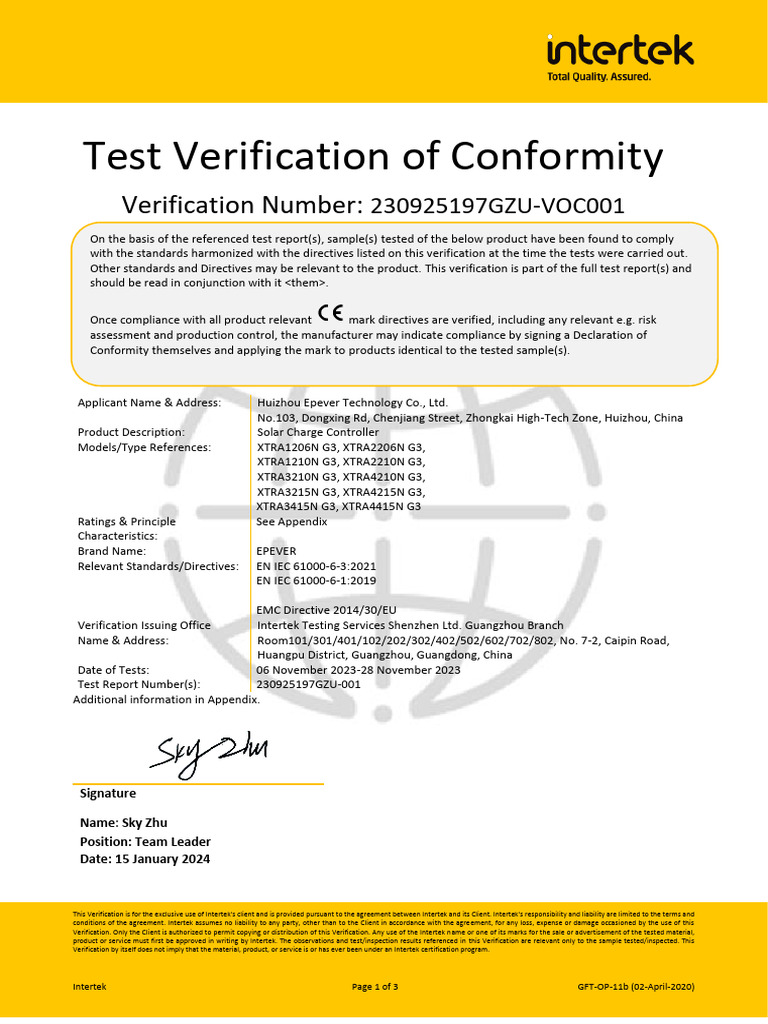 XTRA G3 Series EN IEC61000 CE Certificate | PDF | Electrical ...