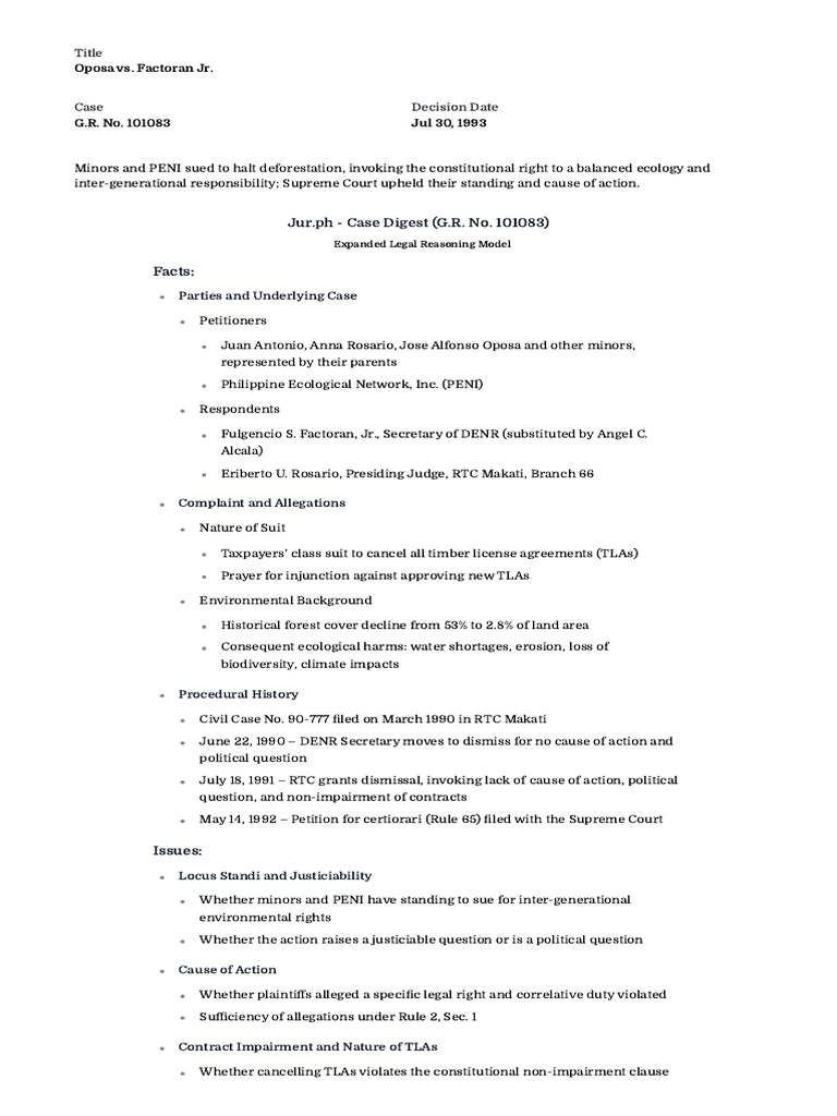 Case Digest - G.R. No. 101083 - Oposa vs. Factoran JR | PDF | Standing (Law) | Cause Of Action