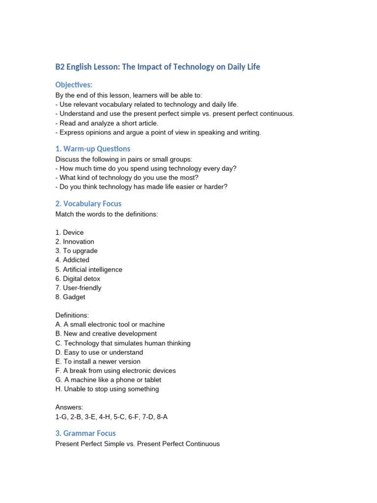 B2 English Lesson The Impact of Technology | PDF | Human Communication ...