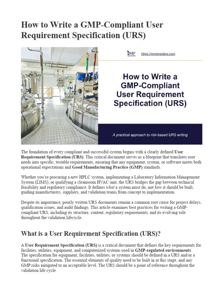 Best Practices for GMP-Compliant URS | PDF | Verification And ...