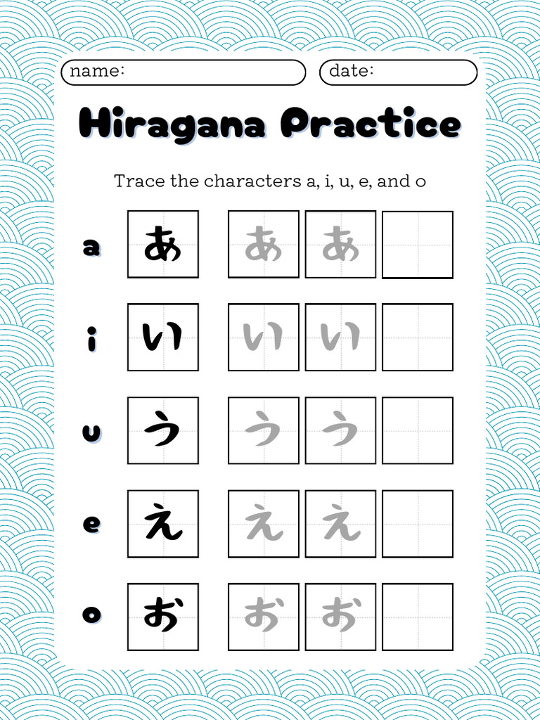 Japanese Beginner Hiragana Worksheet in White Teal Cute Style | PDF