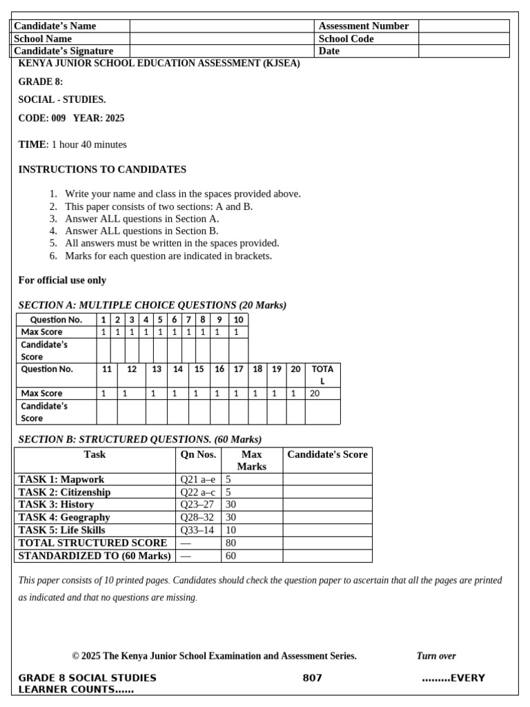 Grade 8 Social Studies Exam 2025 Term 3 | PDF