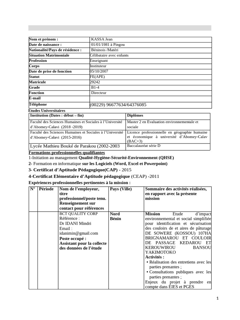 CV de Jean Kassa, Enseignant et Consultant | PDF