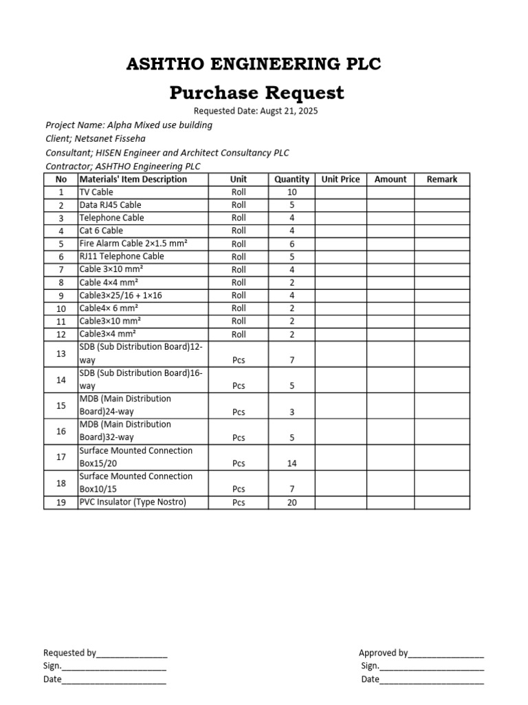 Electrical and Data Material Request | PDF