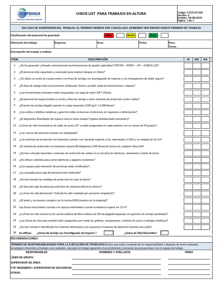 Check List para Trabajos en Altura | PDF
