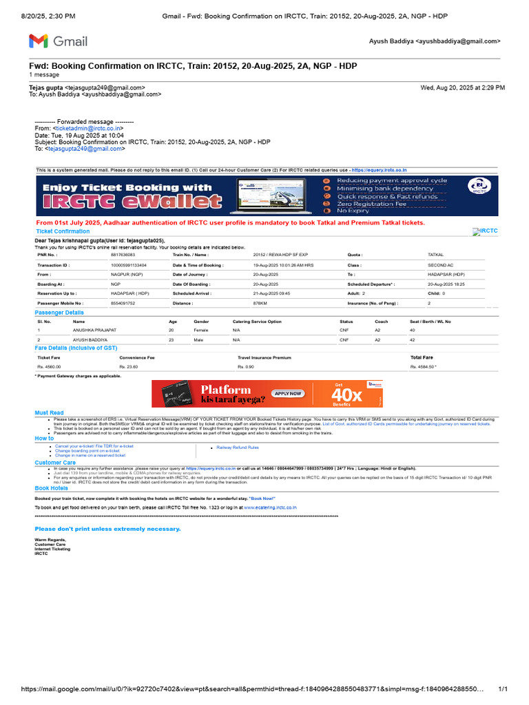IRCTC Train Booking Confirmation 20152 | PDF | Service Industries
