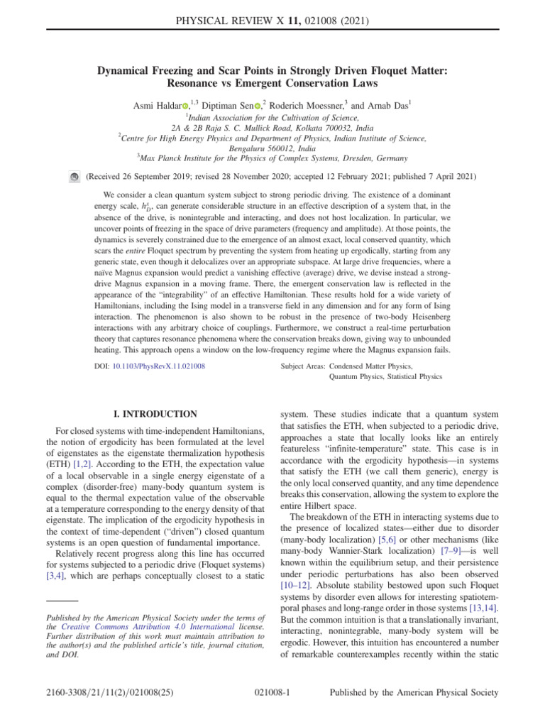 Haldar Sen Moessner Das Freezing Scars PhysRevX.11.021008 | PDF ...