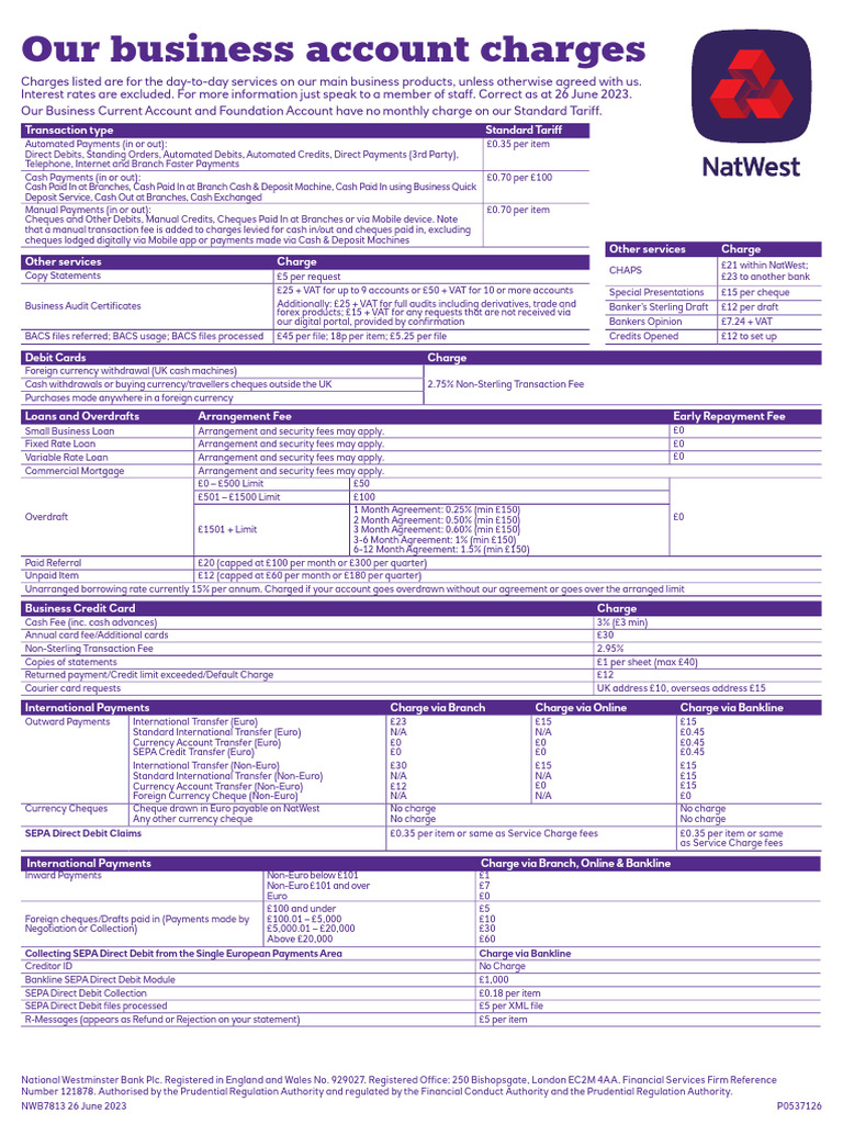 NatWest Business Account Charges Overview | PDF | Overdraft | Credit Card