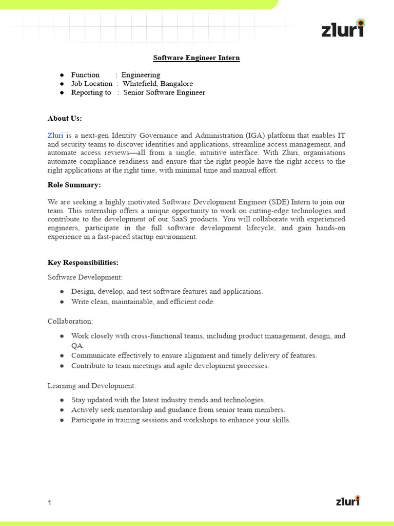 Software Engineer Intern Position in Bangalore | PDF | Software ...