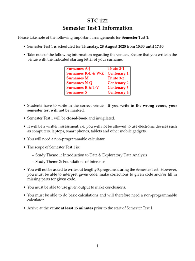STC 122 Semester Test 1 Details | PDF