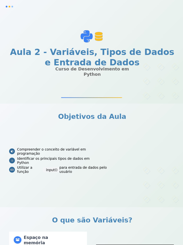 Aula 2 - Variáveis, Tipos de Dados e Entrada de Dados em Python | PDF | Python (linguagem de ...