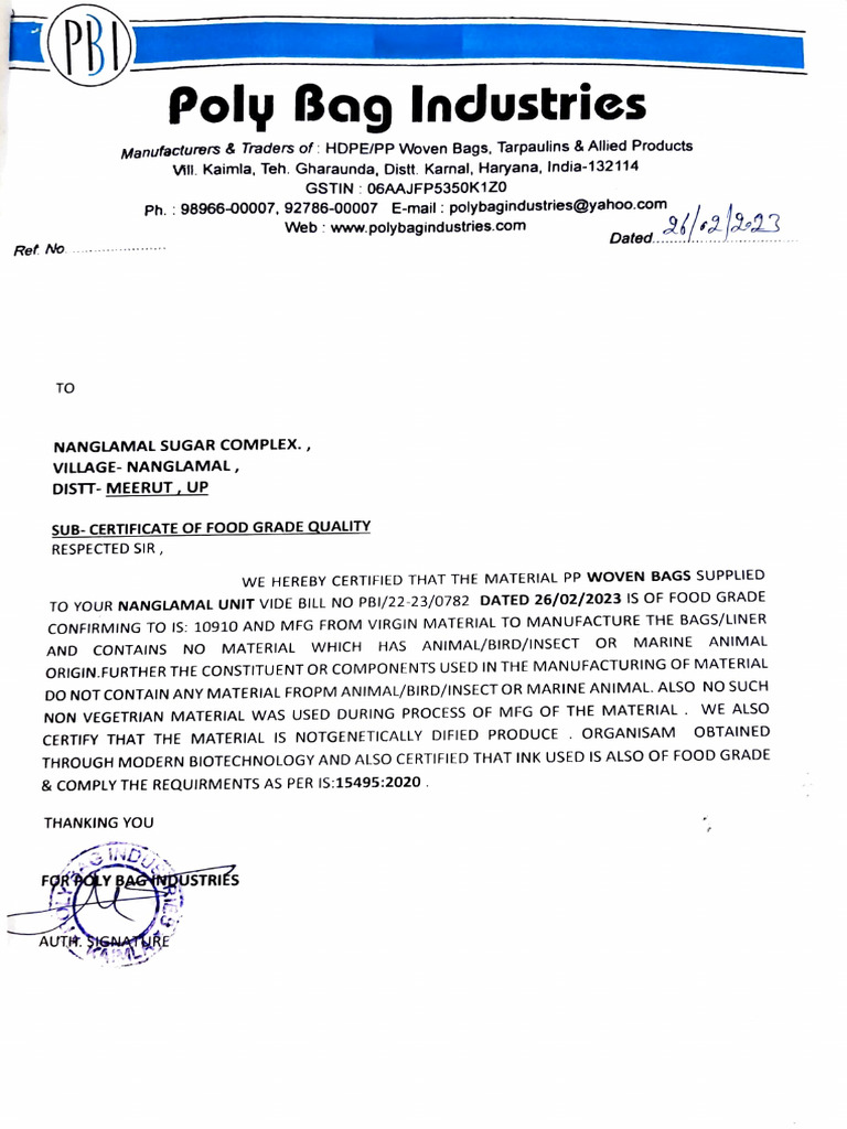 Food Grade Certificate of Packaging Material | PDF