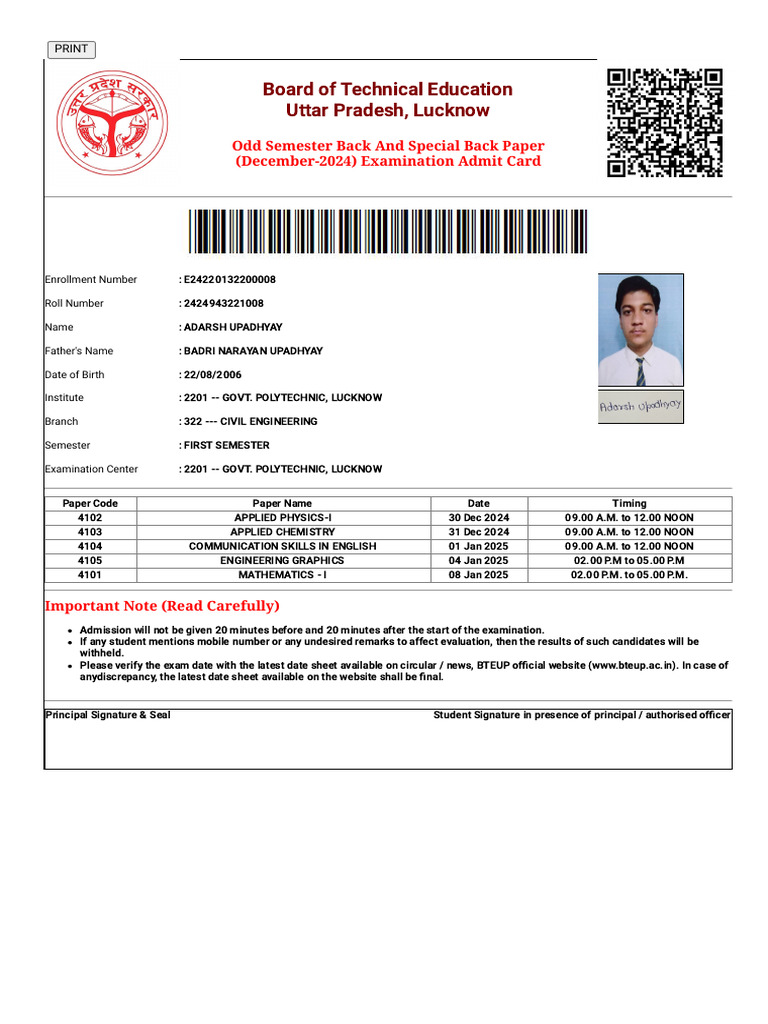 Bteup - Ac.in ESeva Student AdmitCard - Aspx EnrollNumber ...