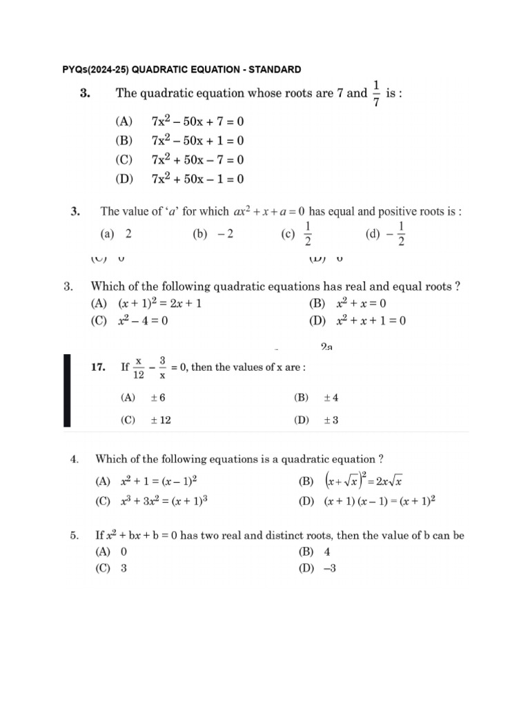 Pyqs (2024-25) Quadratic Equation - Standard | PDF