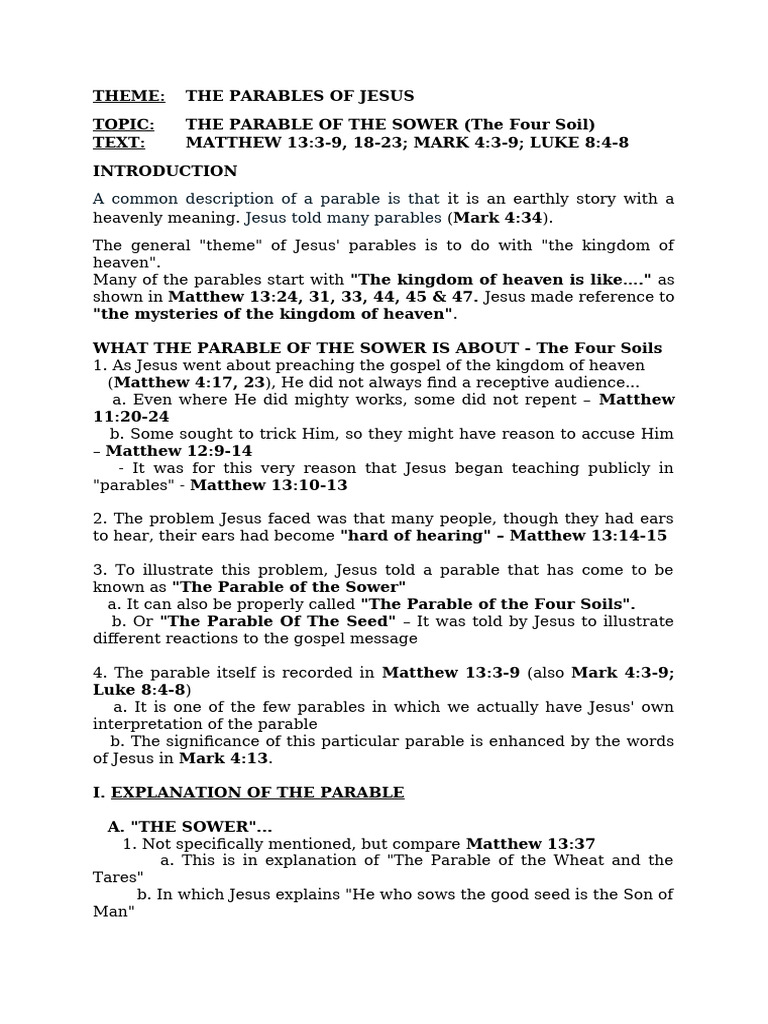 CHF Material Friday 2nd May 2025 - The Parables The Sower I | PDF ...