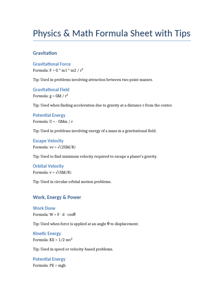 Physics & Math Formulas with Tips | PDF