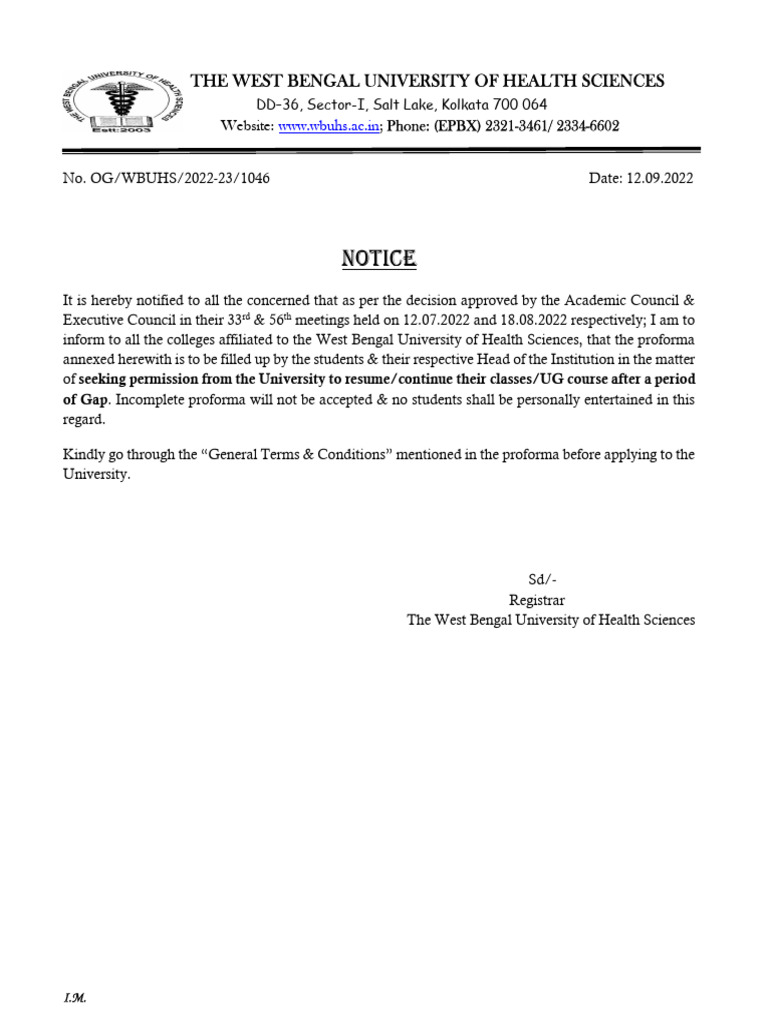 Notice Regarding Resumption of Classes or Course After A Period of Gap ...