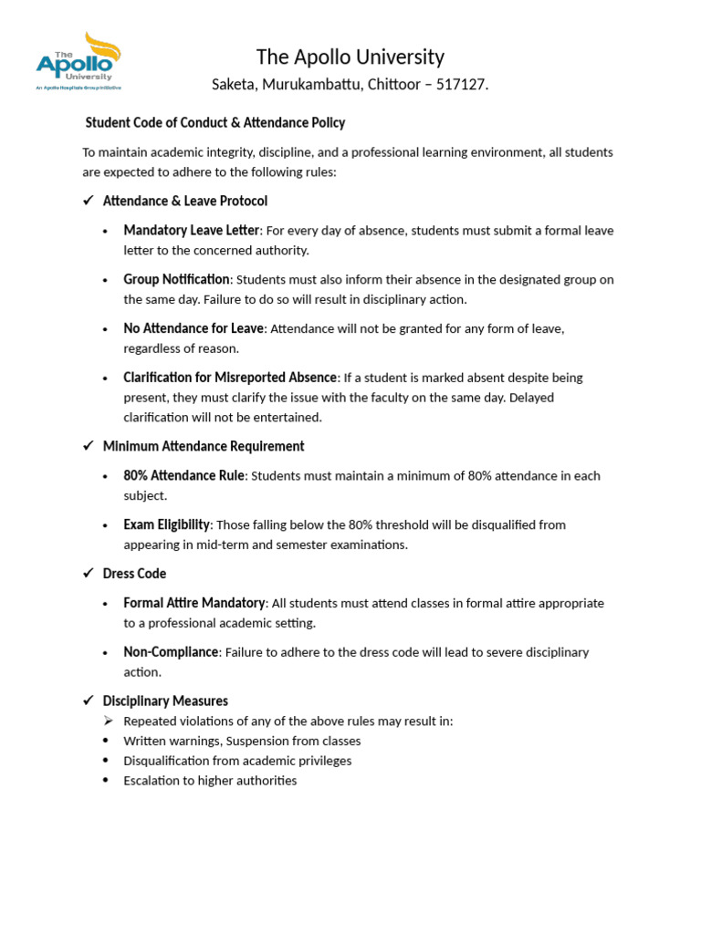 Apollo University Student Conduct Policy | PDF