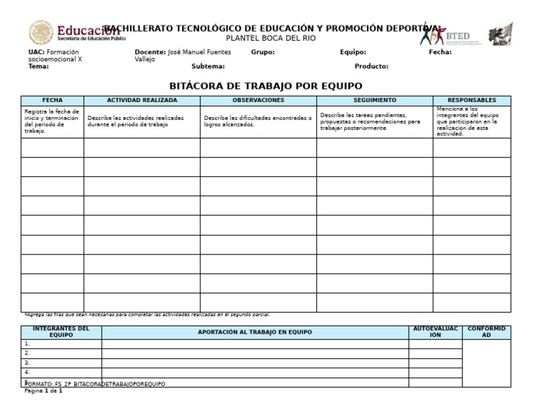 Bitácora de Trabajo en Equipo Deportivo | PDF