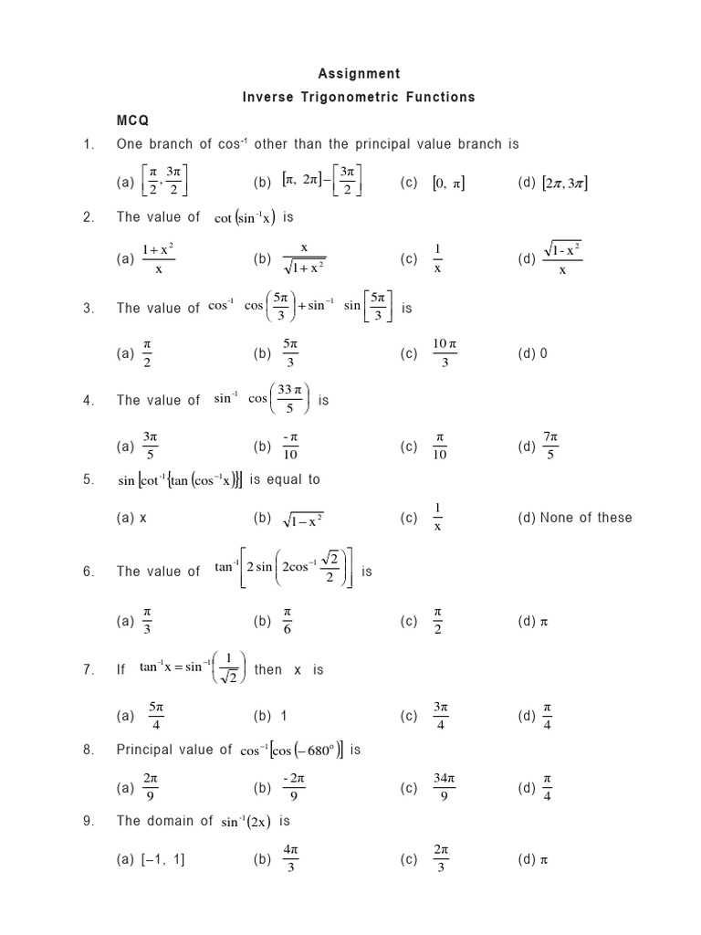 Inverse Trigonometric Functions MCQ Exam | PDF | Trigonometry | Chess ...