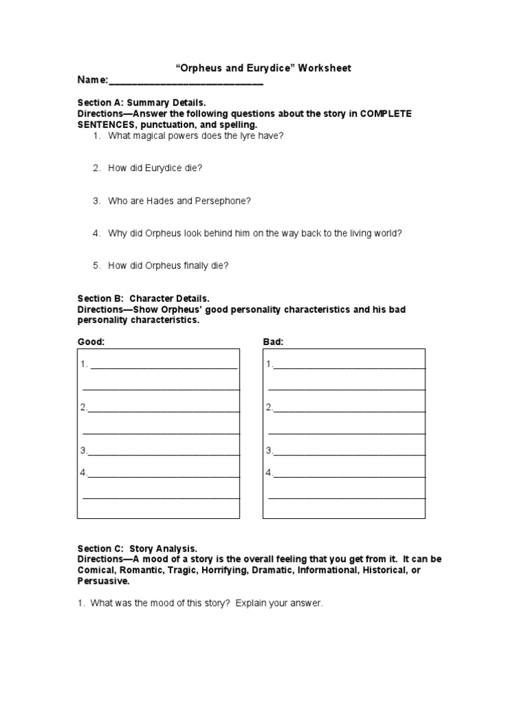 Orpheusand Eurydice Worksheet | PDF | Orpheus | Greek Underworld