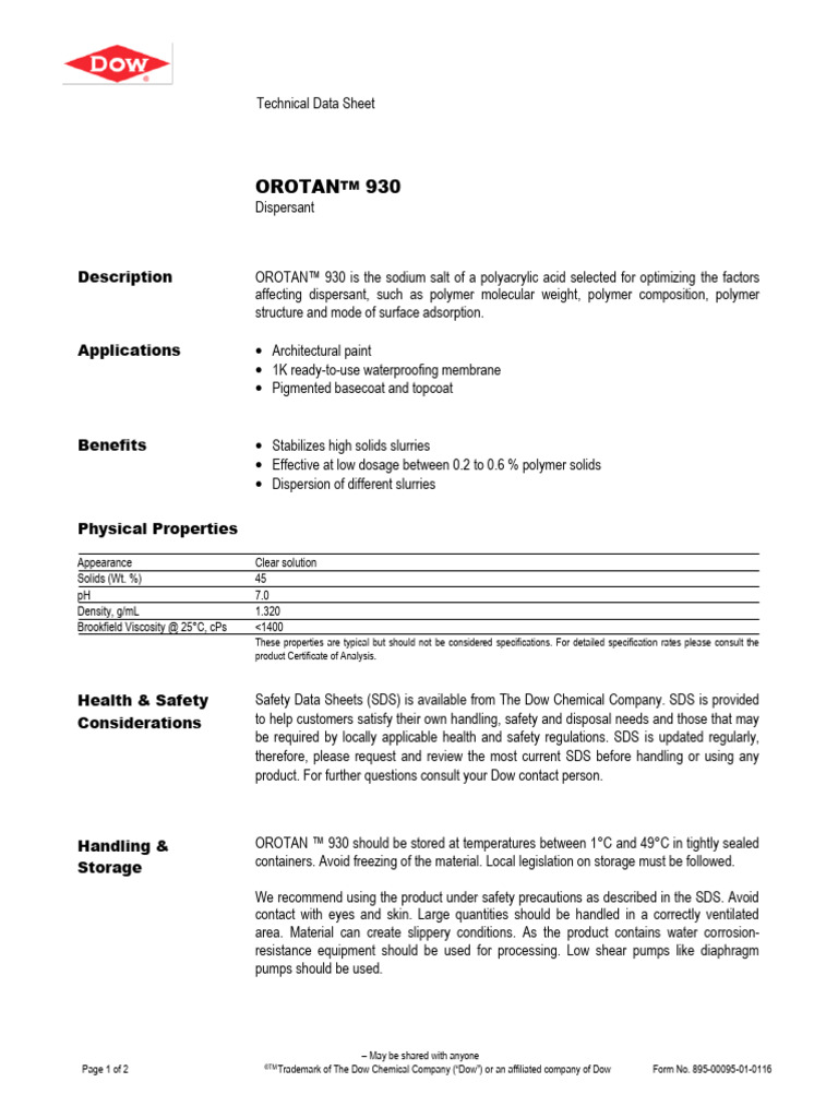 OROTAN 930 Dispersant Overview | PDF | Polymers | Applied And ...