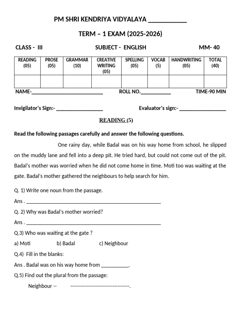 Class 3 English Term 1 Exam 2025-26 | PDF | Linguistics