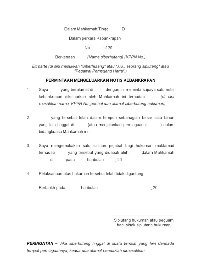 Form 4 Request For Issue of Bankruptcy Notice (Borang 4 An Mengeluarkan ...
