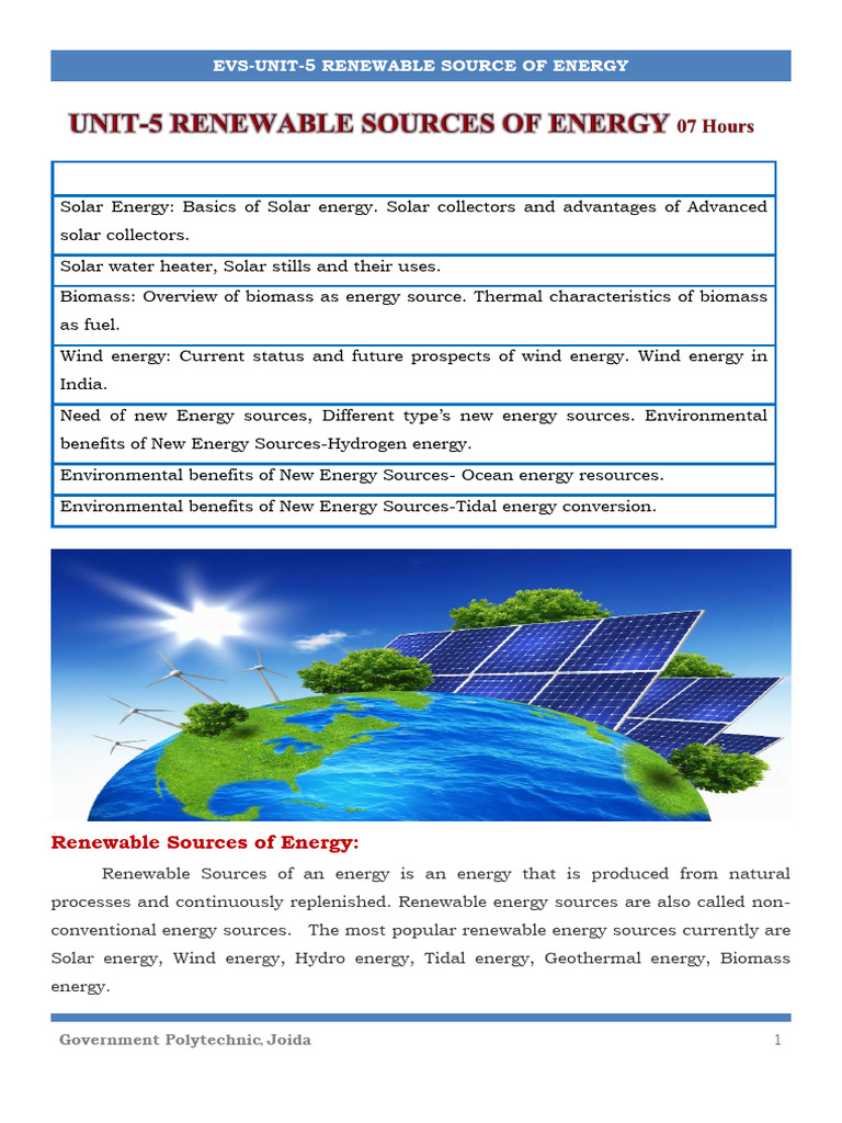 EVS UNIT-5 Renewable Energy Resources | PDF | Energy Development ...